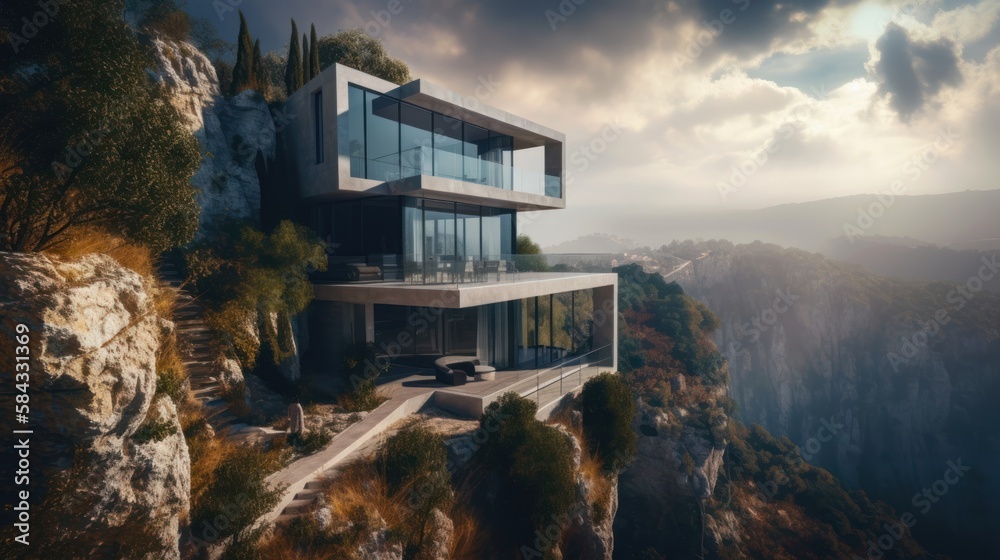 modern luxury house cliff large glass wall and mountain view engine ...