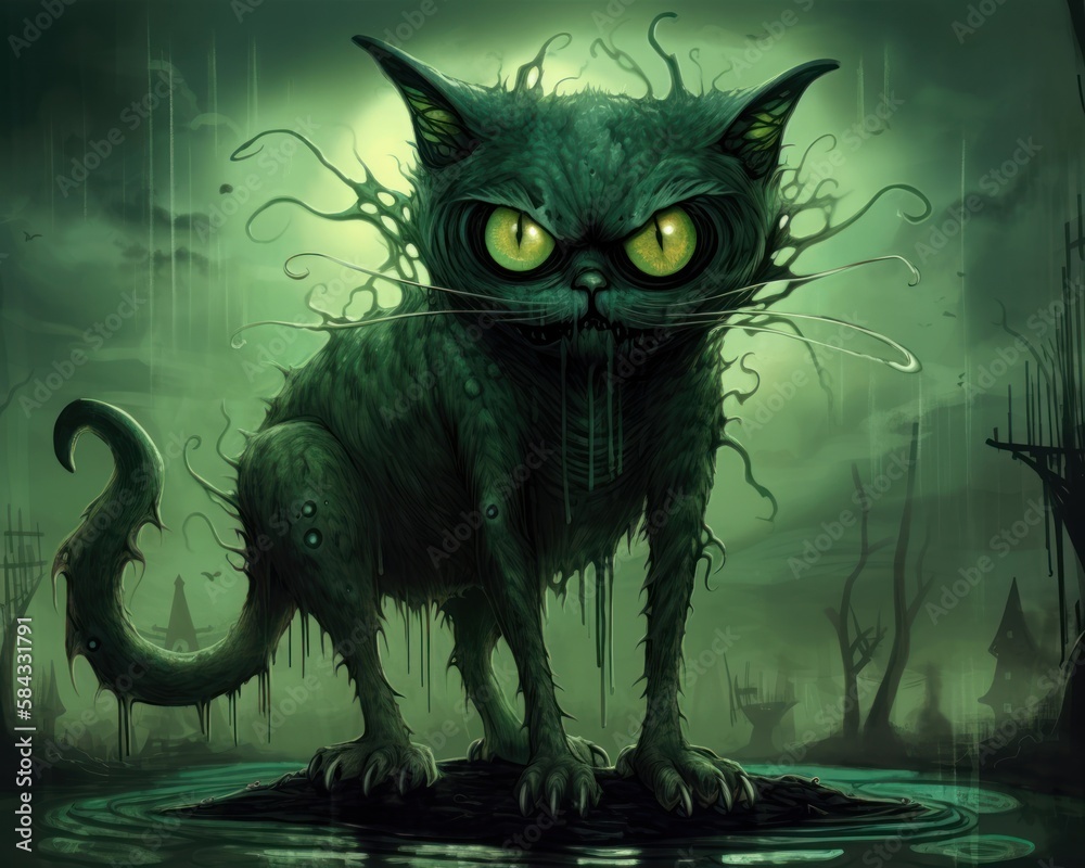 demon kitty cat kitten three eyes feet tall crippled creepy face green ...