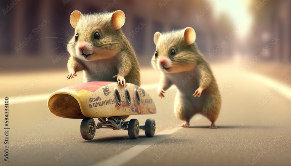 cute little furry animals are skateboarding on the road Stock ...