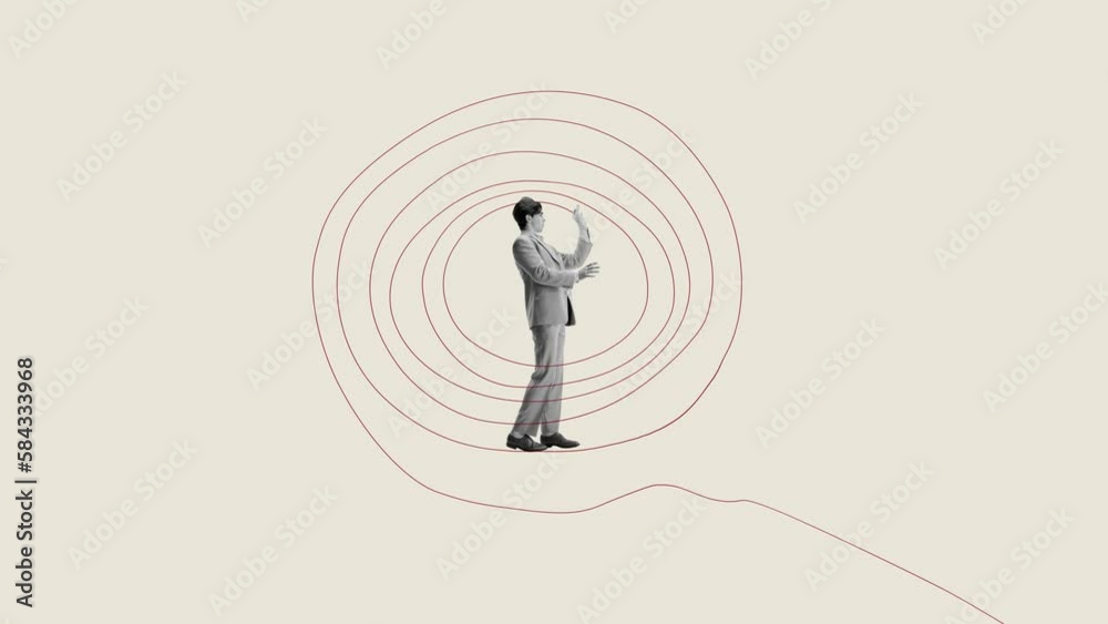 Arranging thoughts. Young man drawing circle lines around himself ...