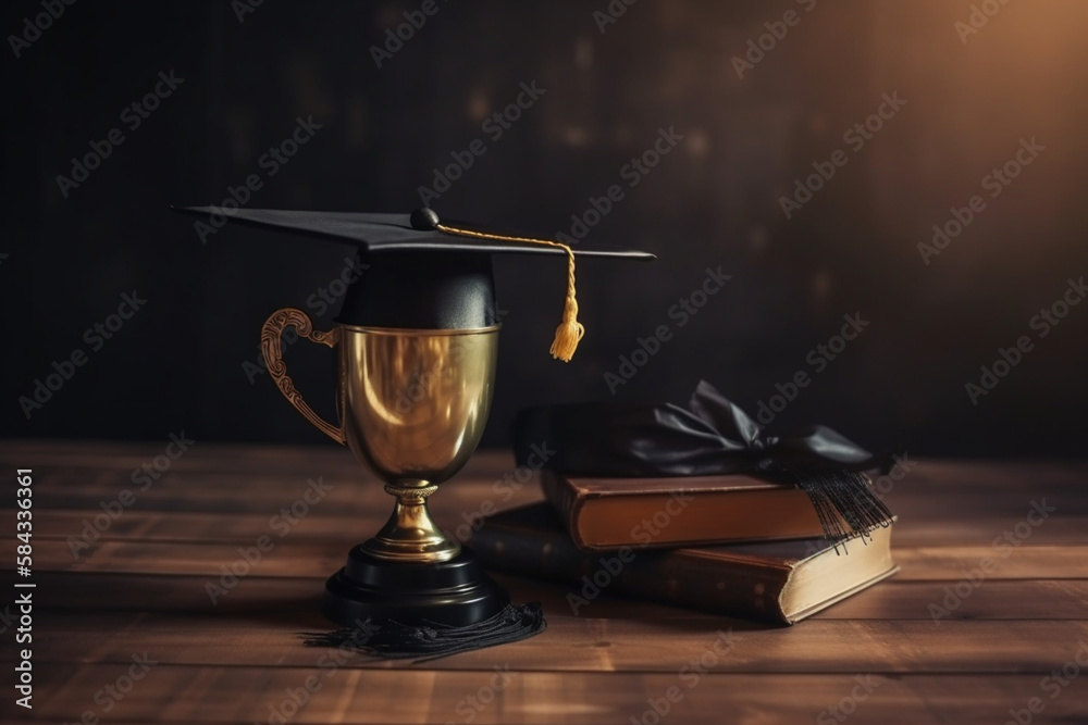 graduation cap with champion golden trophy on wood table with copy ...
