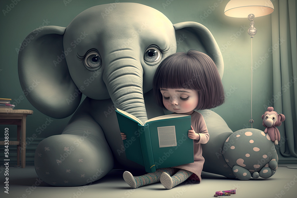 cute cartoon character girl reading book beside her teddy bear ...
