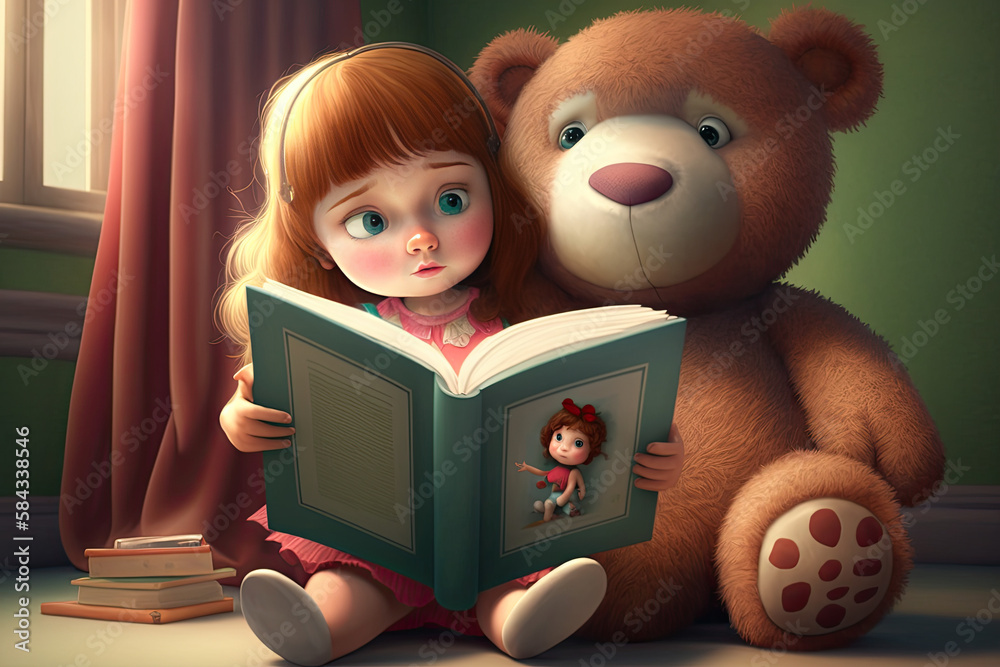 cute cartoon character girl reading book beside her teddy bear ...