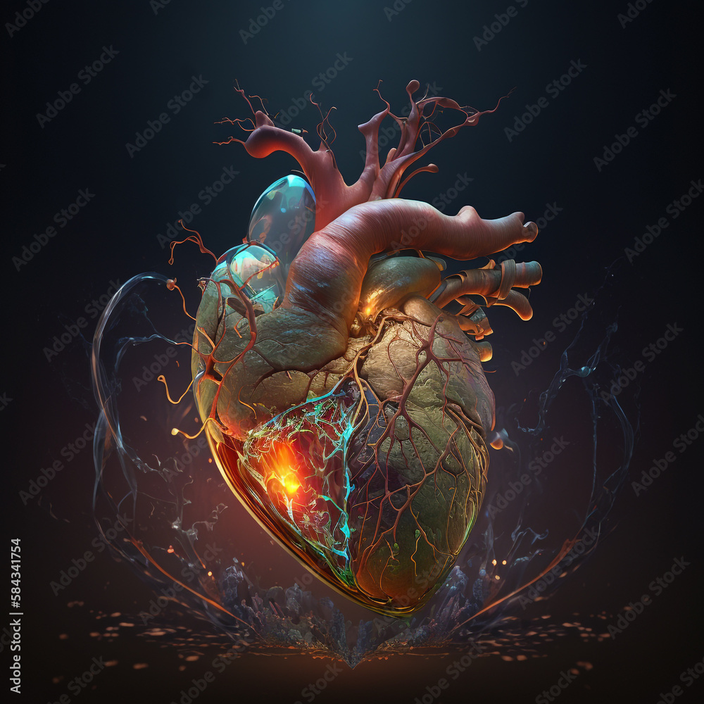 ภาพประกอบสต็อก Graphic 3D image of a human heart showing regeneration ...