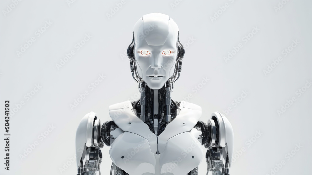 White humanoid robot with artificial intelegence parts, conceptual of ...