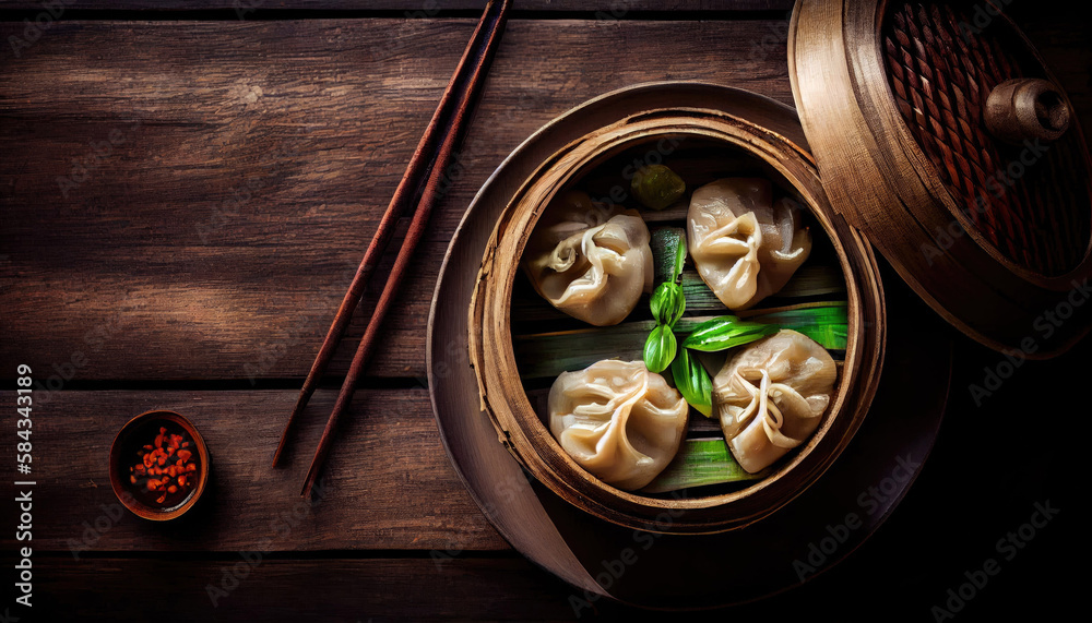 Traditional chinese dumplings served in the wooden bamboo steamer, Top ...