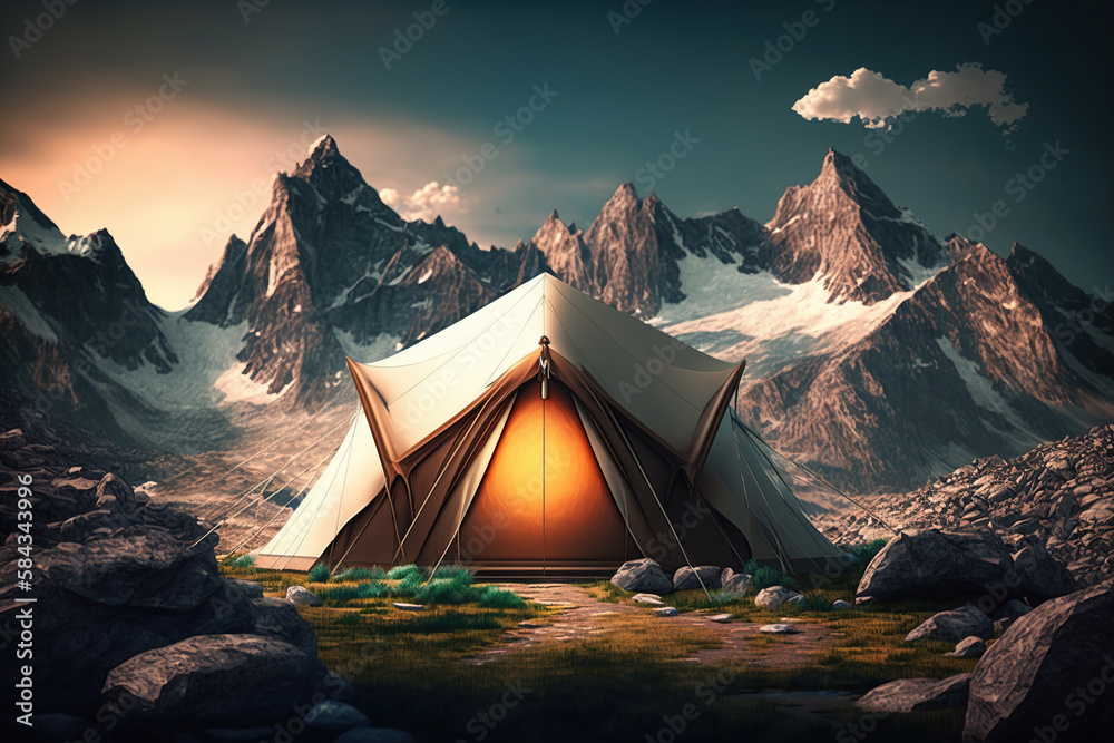 Tent between mountains, eco vacation in nature. Rest place, Modern ...