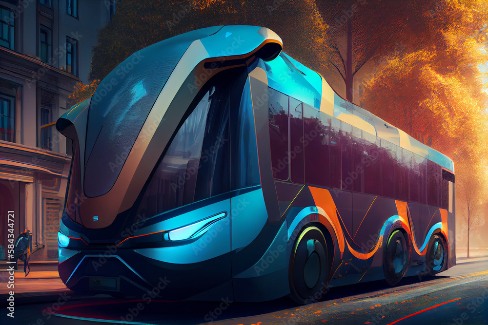 Futuristic electric passenger city bus driving trough modern town ...