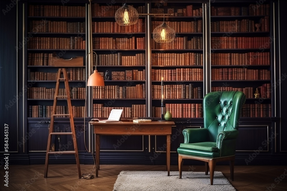 Retro library with wooden book shelf vintage interior Generative AI ...