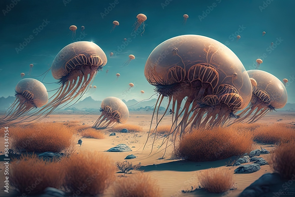 Herd of floating, jellyfish - like creatures grazing on the exotic ...