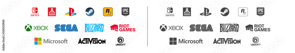 Game industry. Set of logos for gaming business companies. Nintendo, X ...