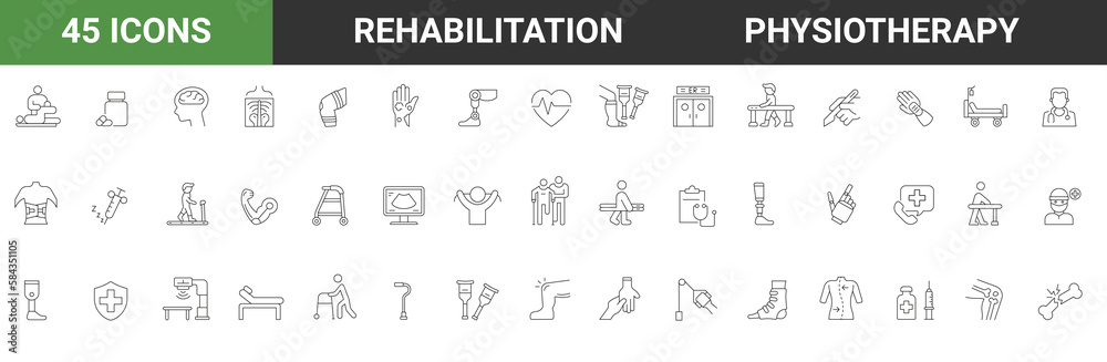 Physiotherapy, rehabilitation, prosthetics line icons set. editable ...