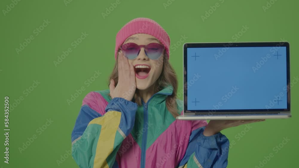 Green Screen. Extremely Happy, Satisfied Shocked Girl of '80-'90s Style ...