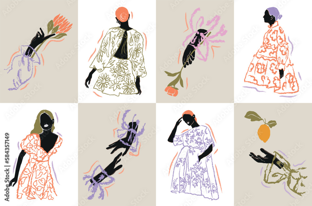 Vector illustration set of female portrait printable posters. Art for ...