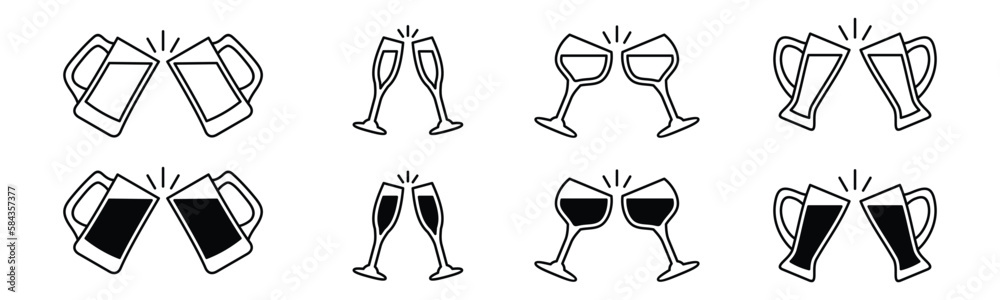 Cheers mugs, beer, champagne, wine icons vector set. Clang two glasses ...