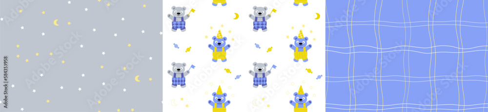 Childish seamless pattern with cute grey bears, strips, stars on whire ...