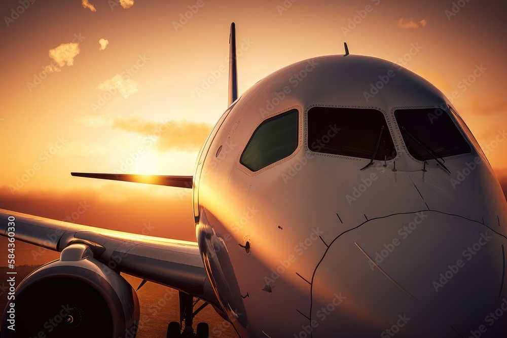 airliner soars high in the sky. The warm colors of the sky complement ...