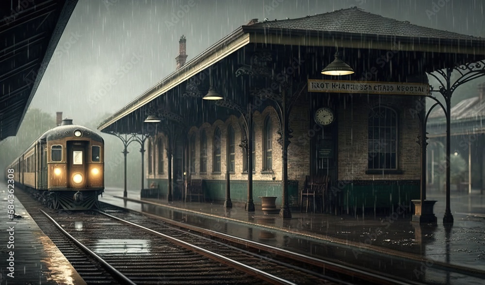 a train station with a train on the tracks in the rain. generative ai ...