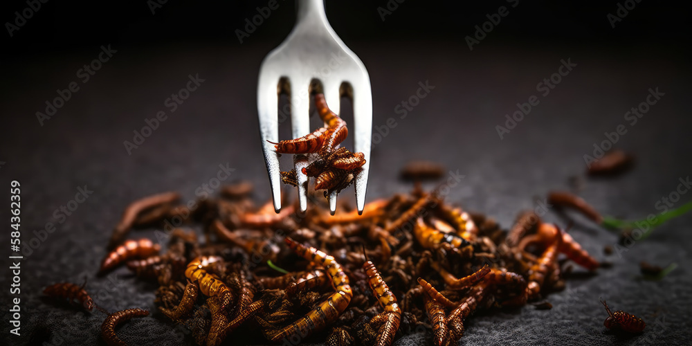 On the fork, fried, tasty insects. Mealworms make a great protein snack ...