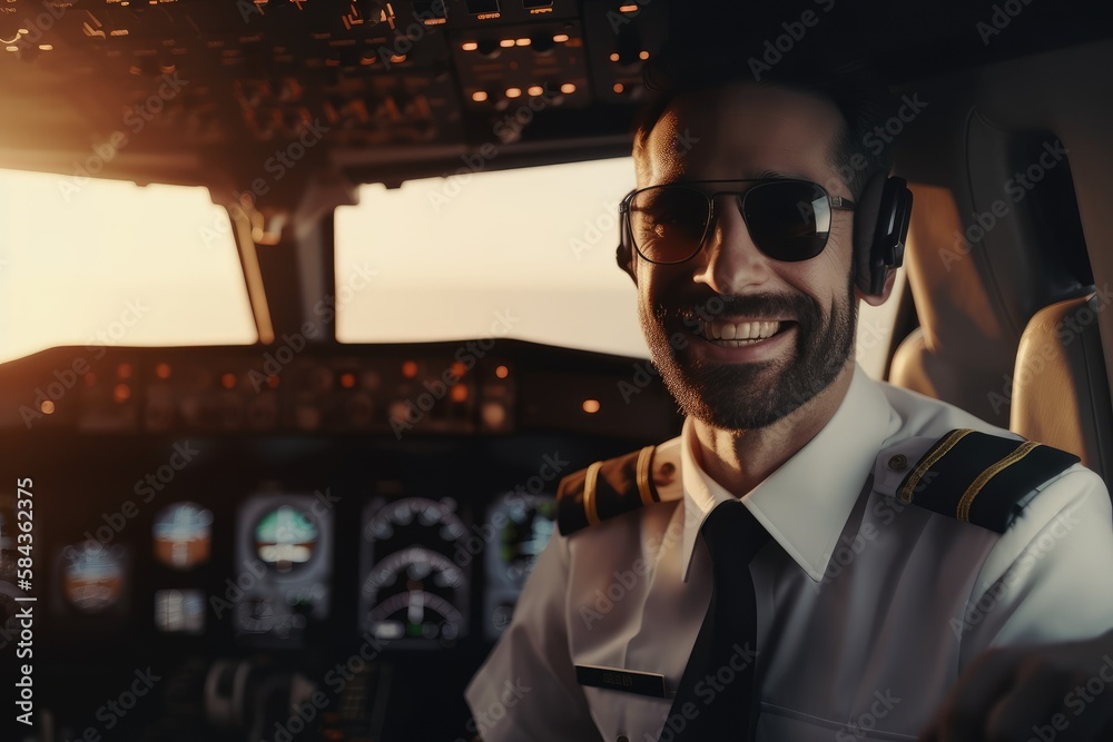 Two pilots looking at the camera in the cockpit of an airliner at ...
