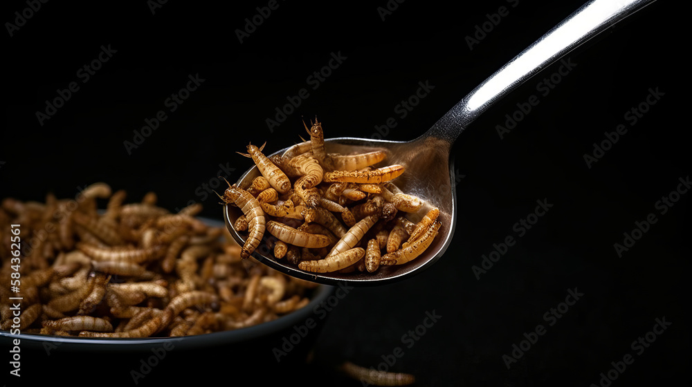 Mealworms in a spoonful, snack-friendly insects isolated on a dark ...