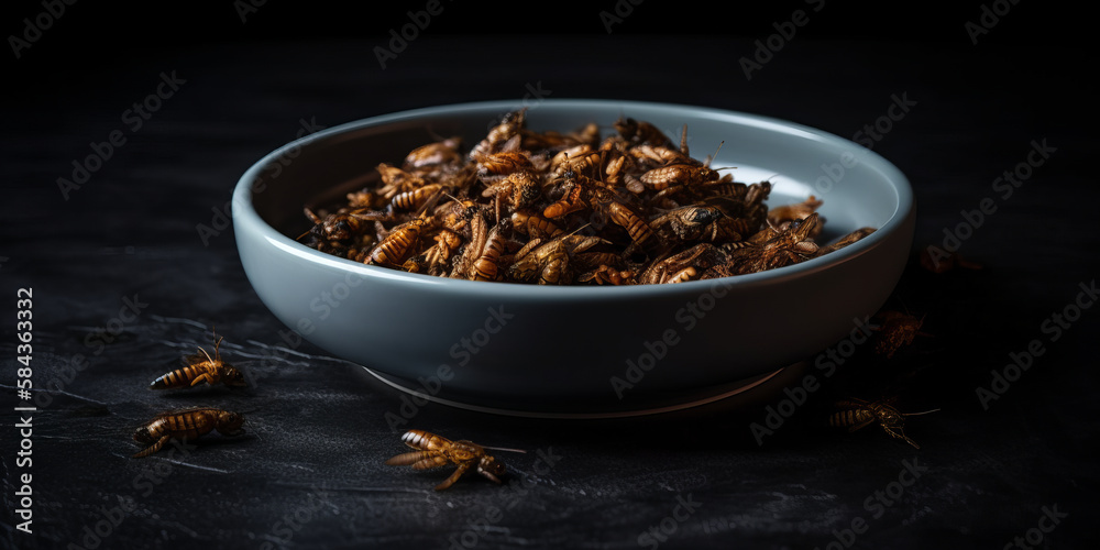 Fried edible insects on a plate. Crickets as snack, good source of ...