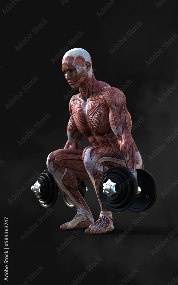 3d Illustration of a muscular man figures pose with skin and muscle map ...