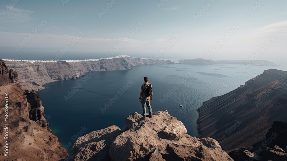 A young teen age hiker is standing on the edge of a cliff enjoying a ...