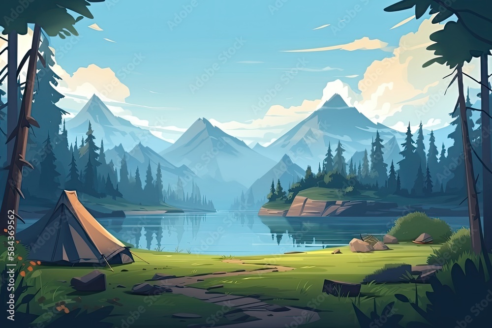 Summer forest or mountain tourist campground or campsite with tents and fireplace, flat cartoon ...