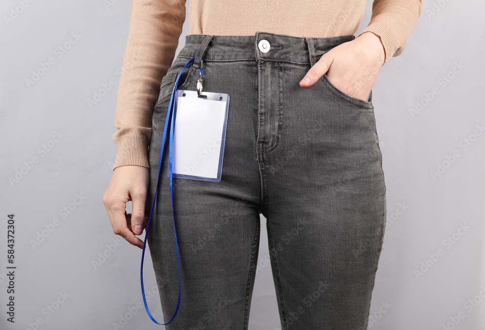 Woman with Identification white blank id card on gray background Stock ...