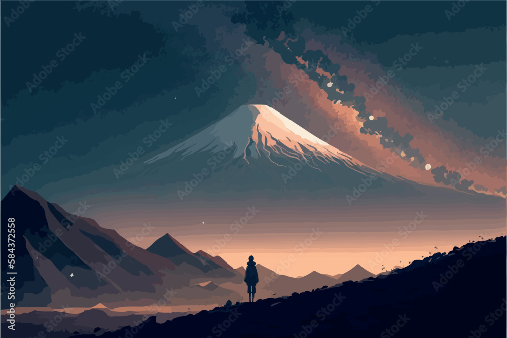 Girl looking at the mount fuji during the night. Vector art of anime ...