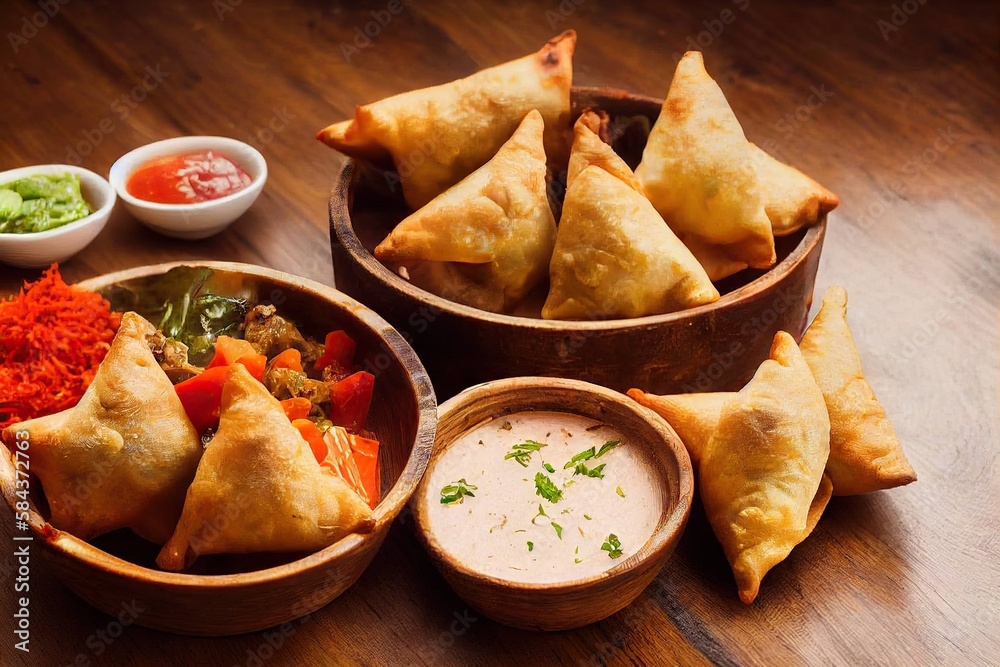 Indian cuisine samsa samosa fried with spices and red sauce on table ...