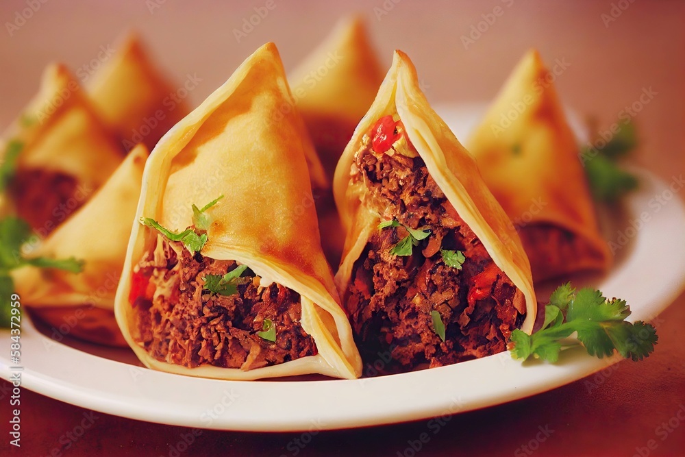 Samsa sambusa with minced meat in tomato paste in white plate, created ...