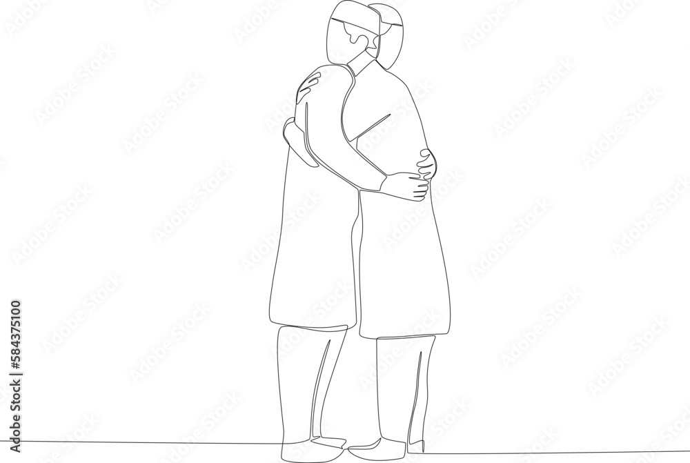 Two Muslims hugging each other in ramadan. Silaturahim one-line drawing ...