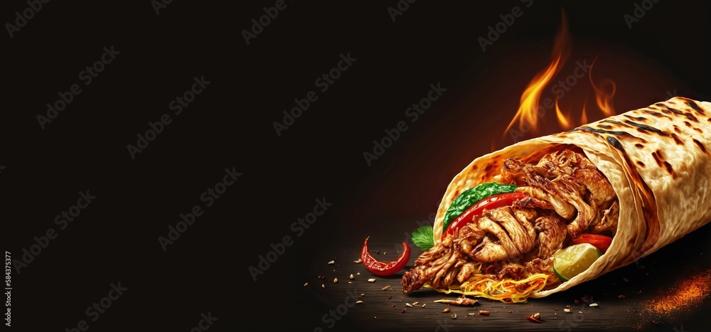 Traditional shawarma with meat and vegetables in flatbread on fire on ...