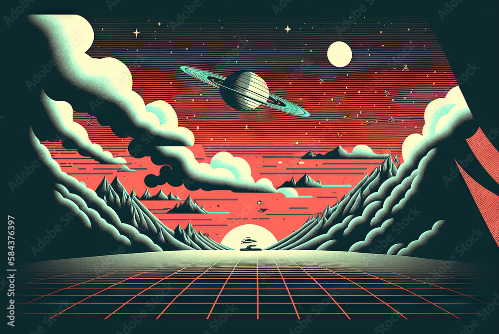 Retro styled sci-fi landscape with mountains. Retro futuristic science fiction illustration in ...