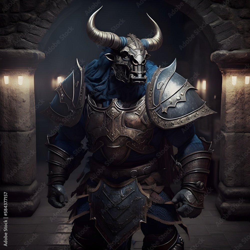 A minotaur wearing combat armor in a labyrinthine dungeon. Generative ...