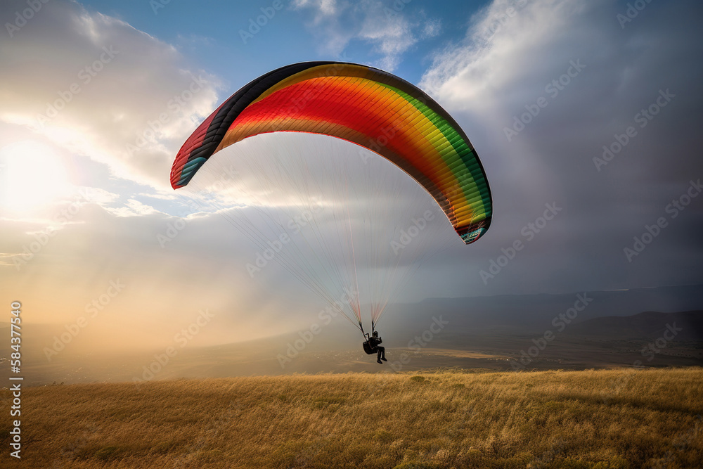 Persona volando en un parapente con cometa de muchos colores, con ...