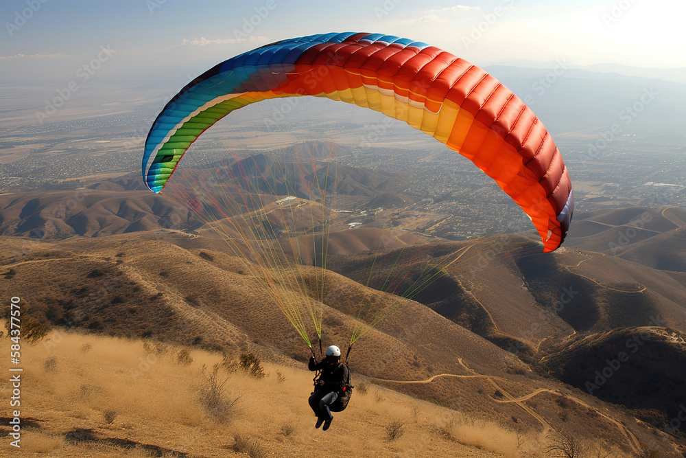 Persona volando en un parapente con cometa de muchos colores, con ...