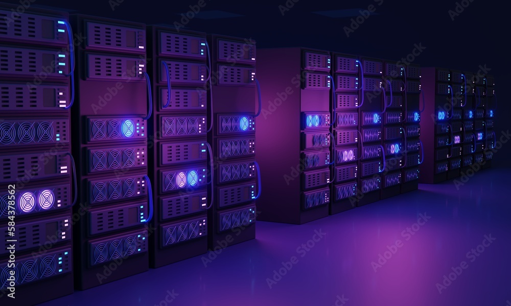Data center facility with servers for information storage 3D illustration concept. Hosting ...