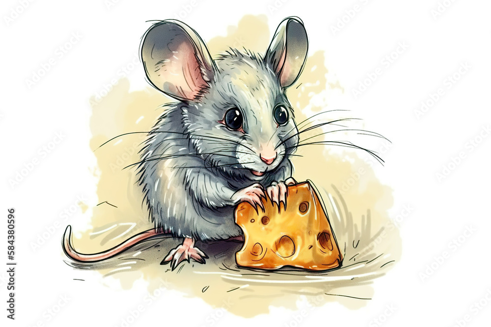 Mouse and cheese. Illustration of the mouse eating the cheese. AI ...