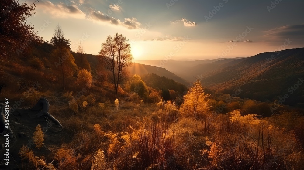 Sunlight streaming onto the clearing in the forest atop the mountain ...