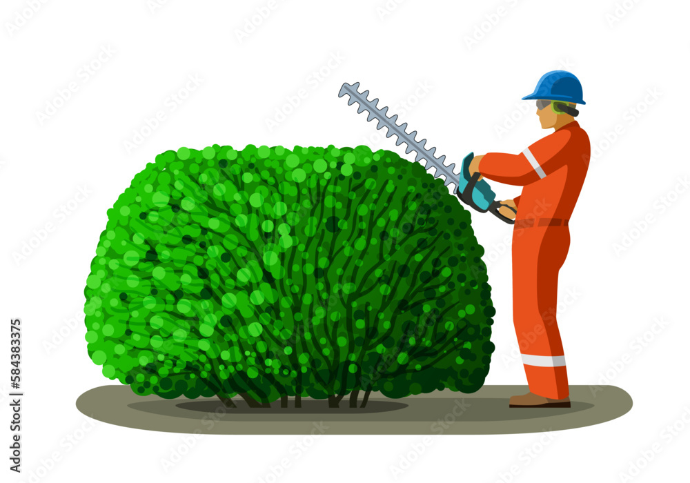 Arborist worker with hedge trimmer pruning tree. Clip art of tree ...