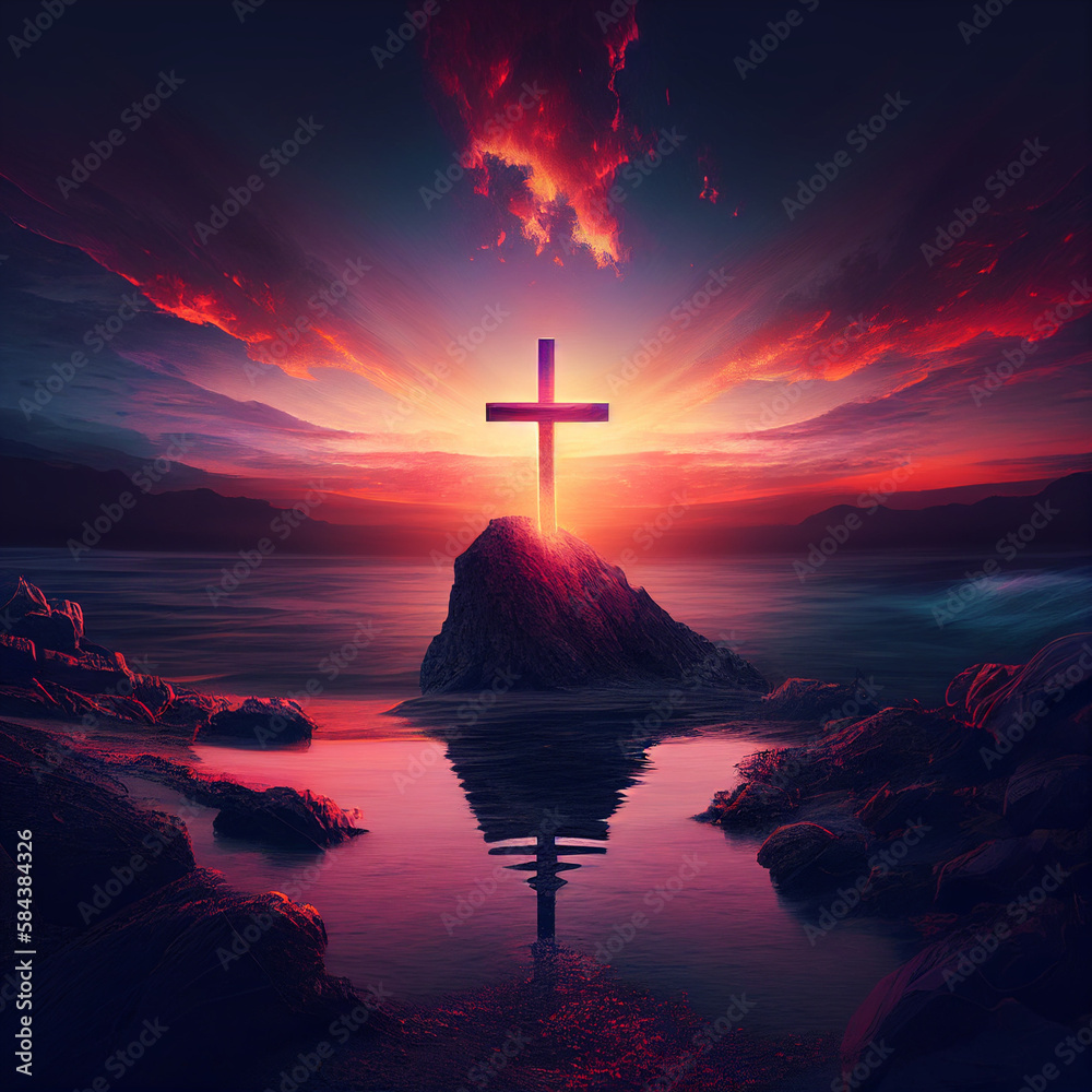Beautiful Sunset view with a Christian Cross Symbol Stock Illustration ...