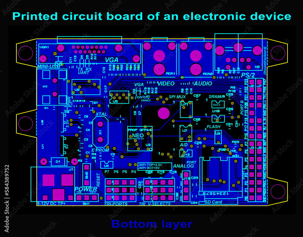 A printed circuit board of an electronic device with components of ...