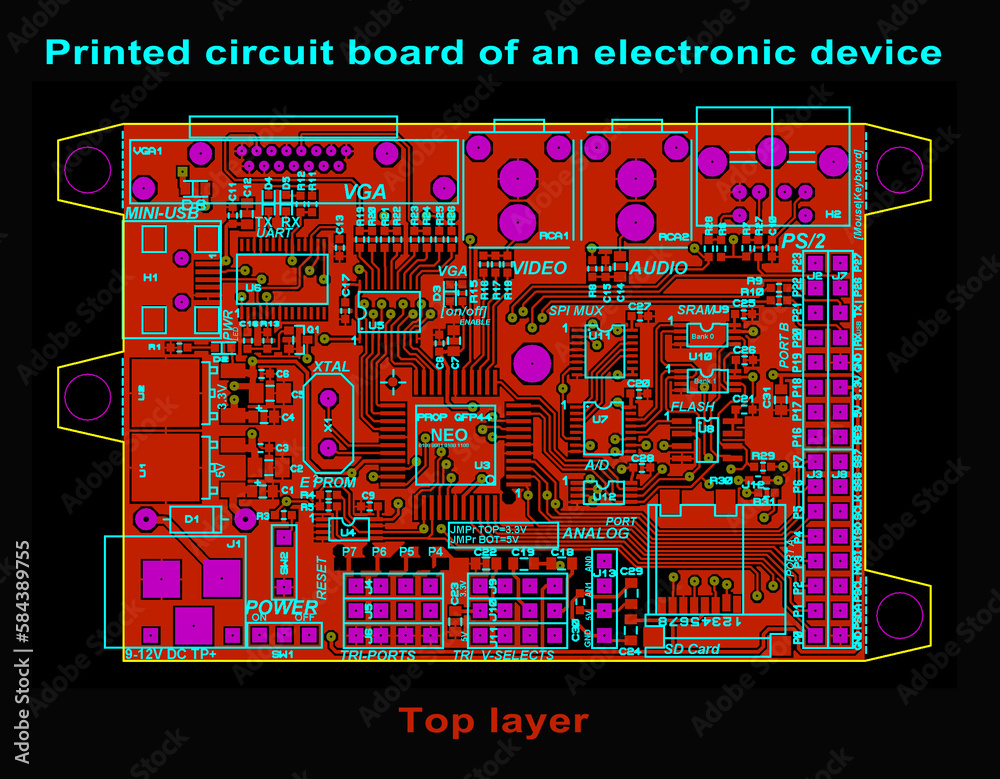 A printed circuit board of an electronic device with components of ...