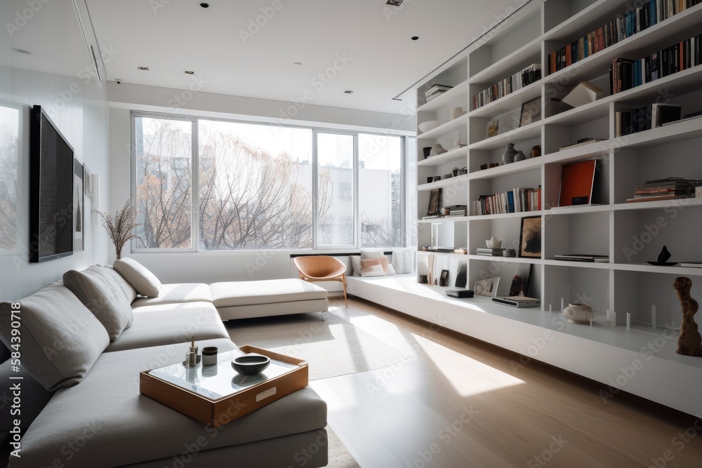 A minimalist living room with a low-profile white sectional, floating ...