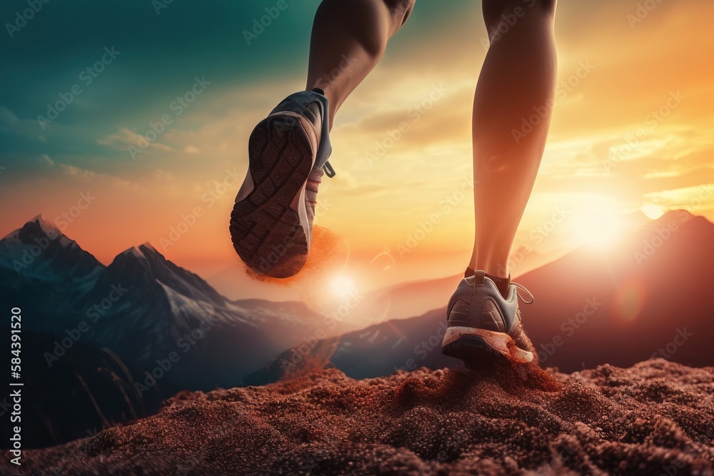 a person walking on top of a mountain with their feet in the air and a ...