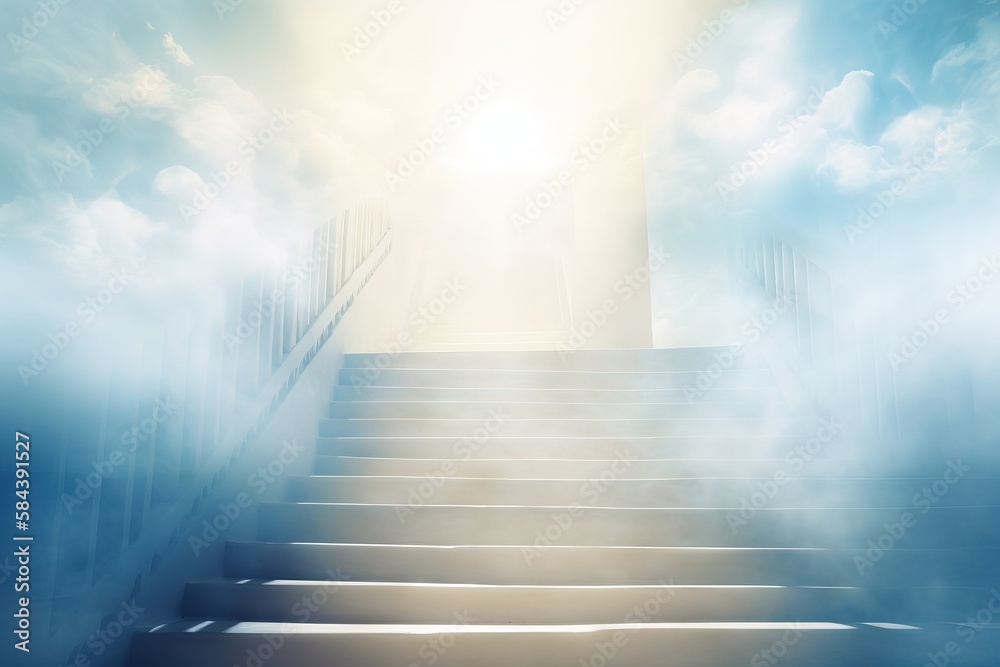 a stairway leading up to a bright light in the sky with white clouds ...