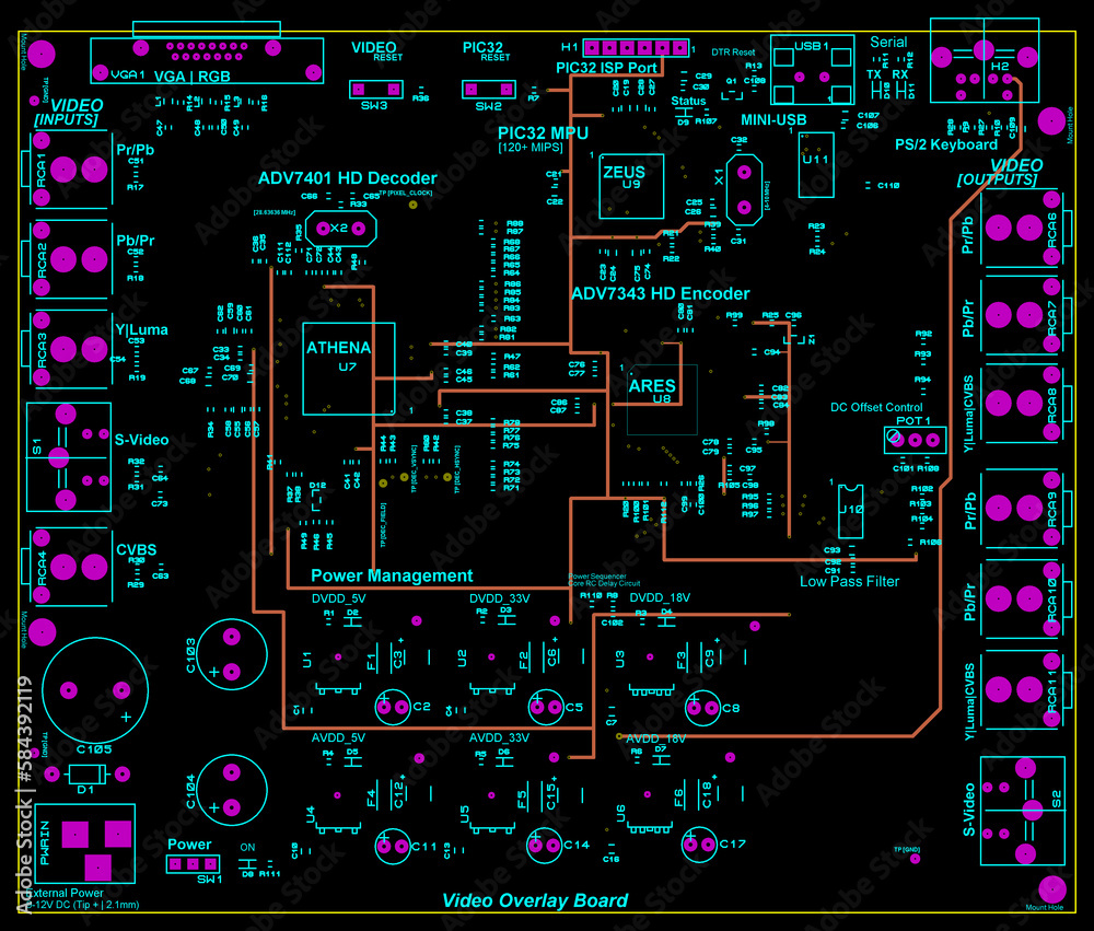 A printed circuit board of an electronic device with components of ...